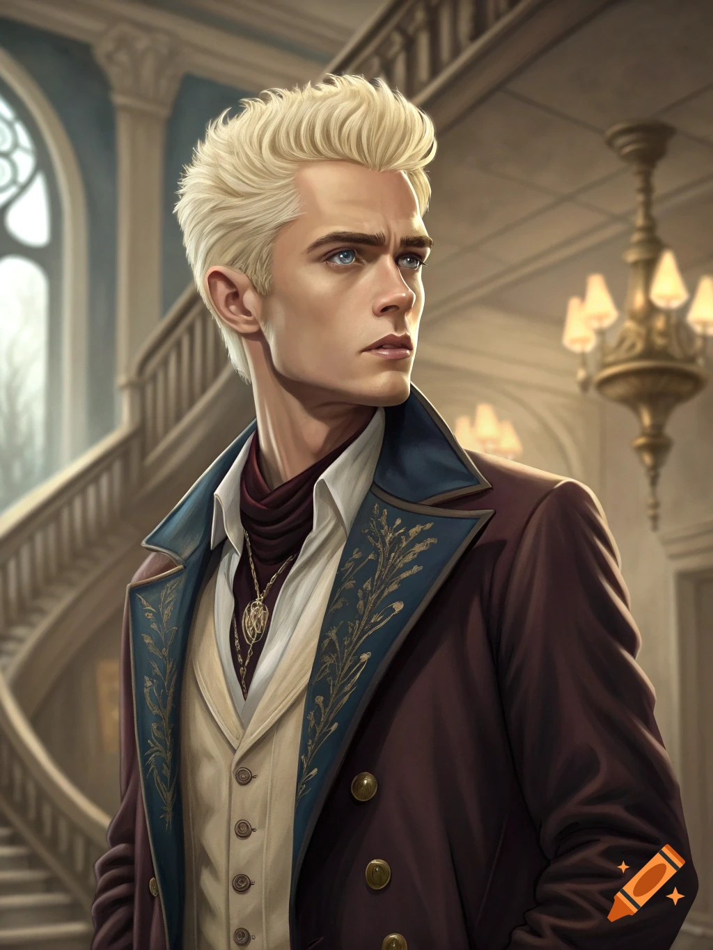 A young blonde man in a historical suit and vest stands in a grand ...