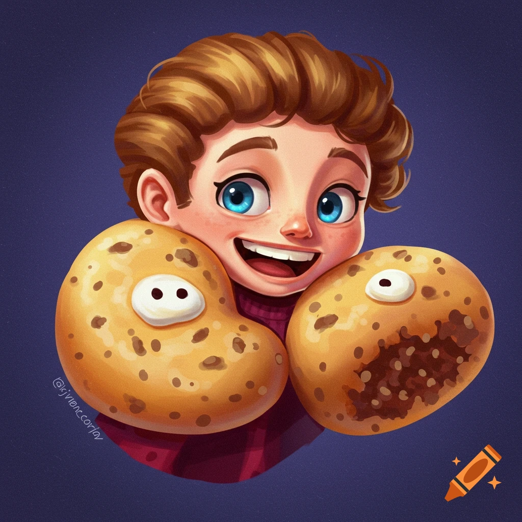 Cartoon illustration of a person hugging two anthropomorphic potatoes ...