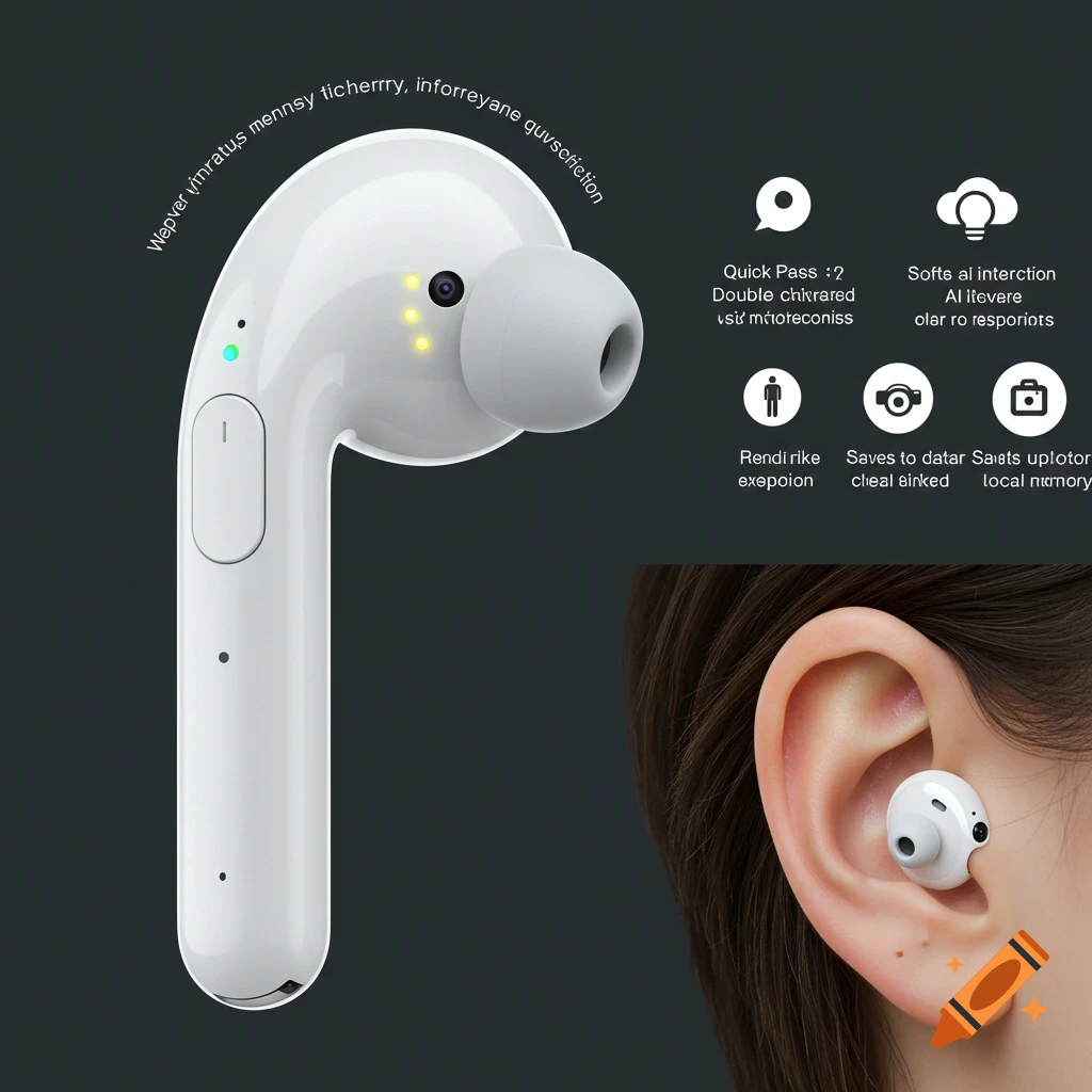 White futuristic wireless earbud shown large and inserted in an ear ...