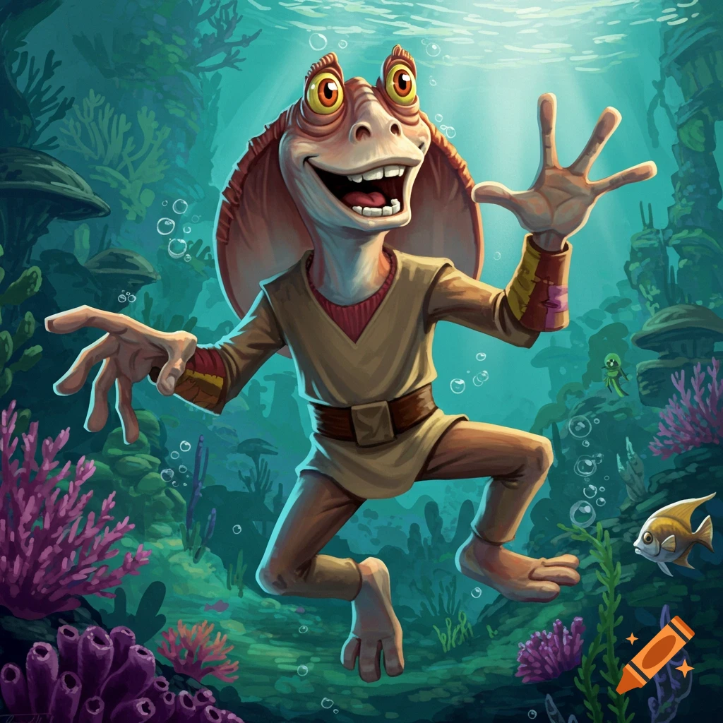 Jar Jar Binks swims underwater amongst coral and fish. on Craiyon