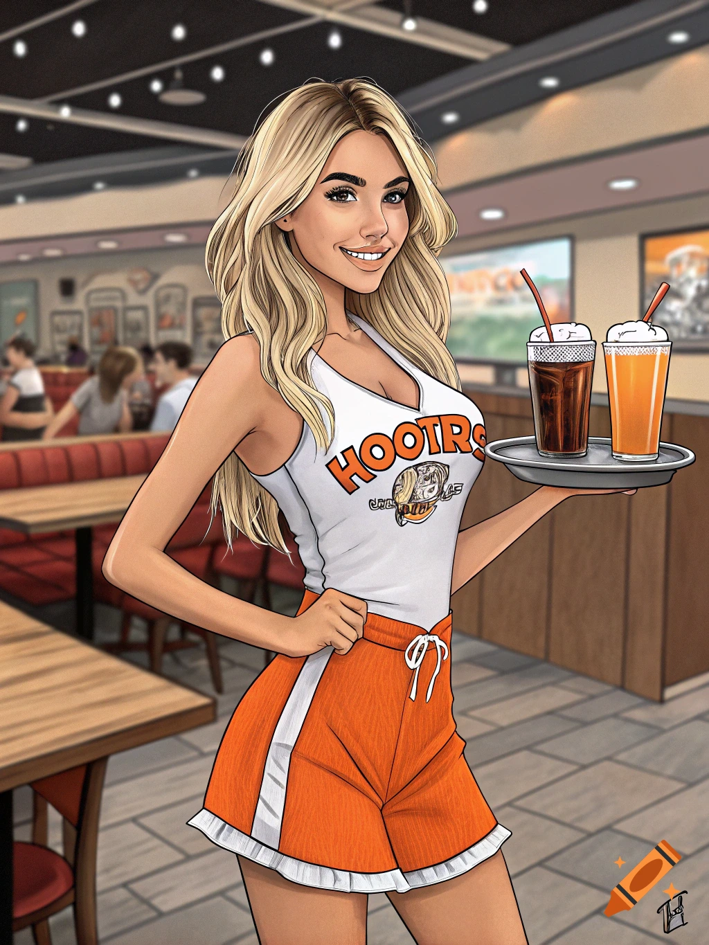 Illustration of a woman in Hooters uniform holding drinks in a ...