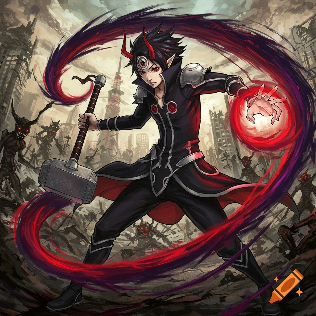 Stylized fantasy illustration of a horned character with a hammer and ...