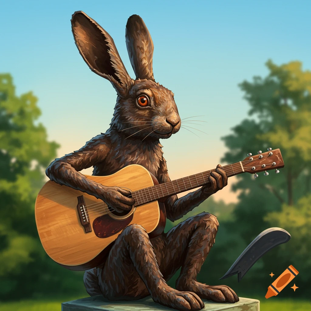 A hare playing an acoustic guitar while sitting outdoors. on Craiyon