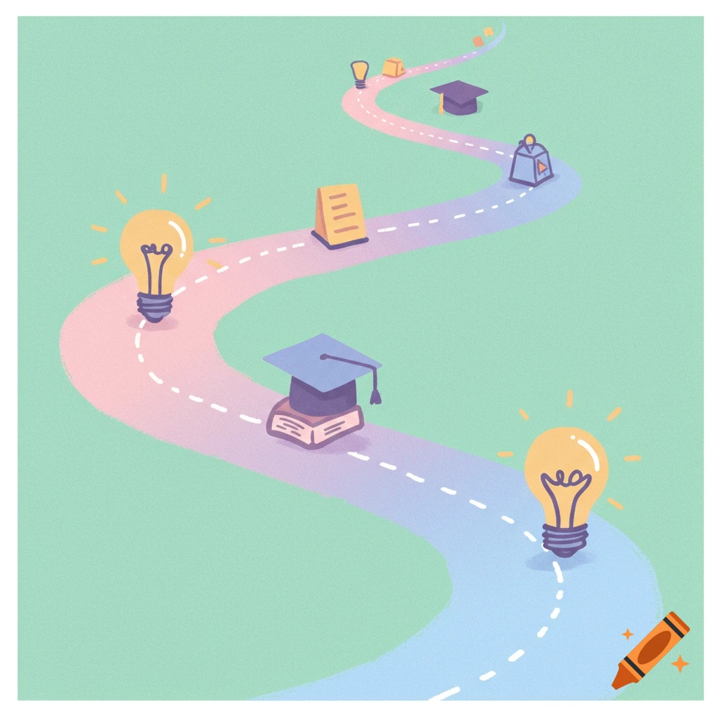 Illustration of a winding path with lightbulbs, books, and graduation ...