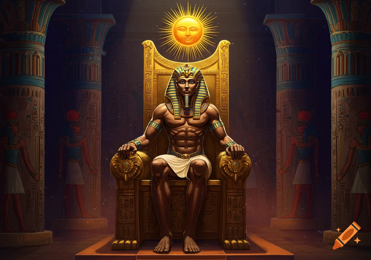 Ra depicted as an Egyptian pharaoh sitting on a golden throne in a ...