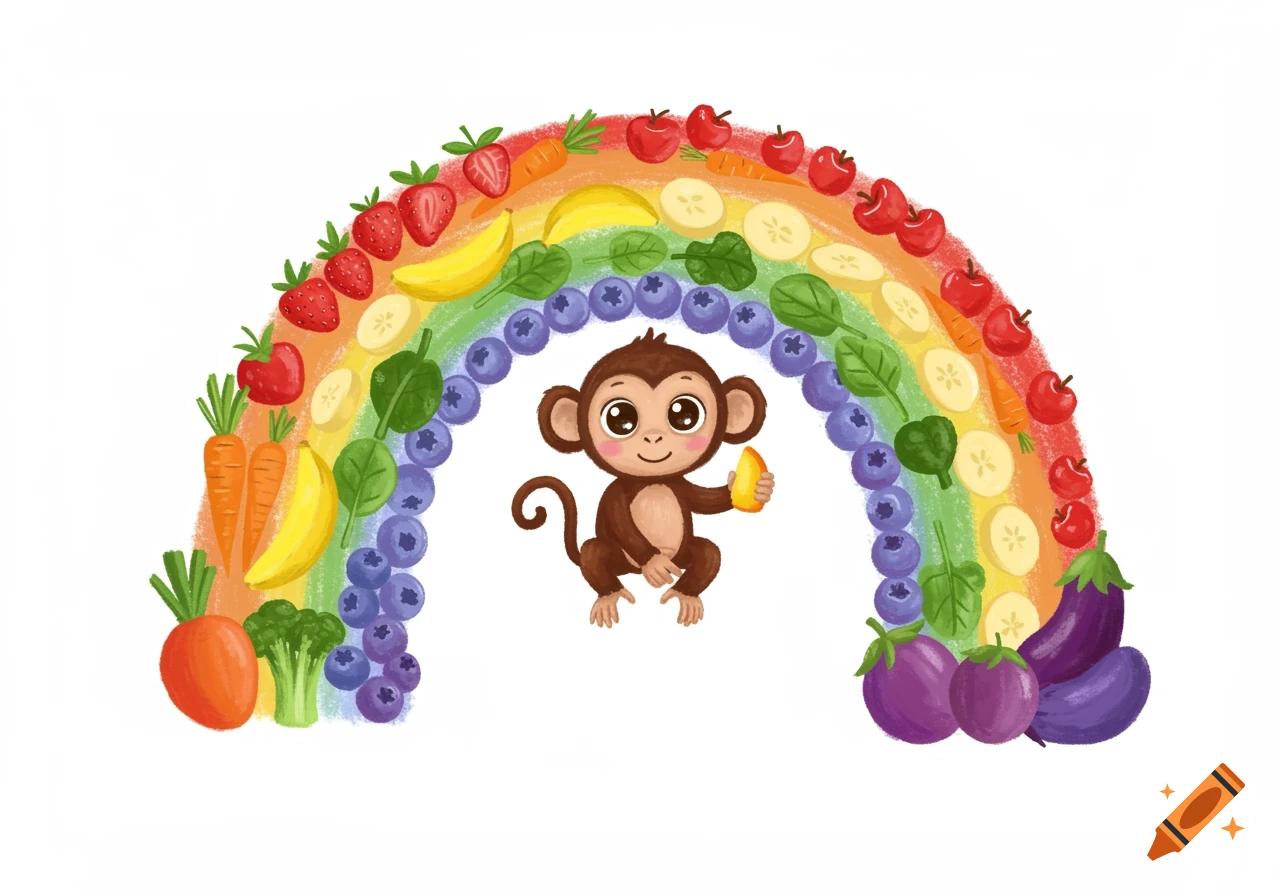 Cartoon monkey under a rainbow made of fruits and vegetables. on Craiyon
