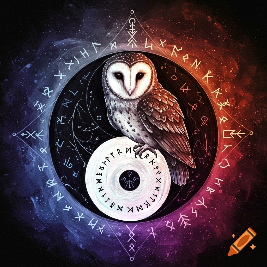 Barn owl on a disc with symbols, surrounded by runes and cosmic colors ...