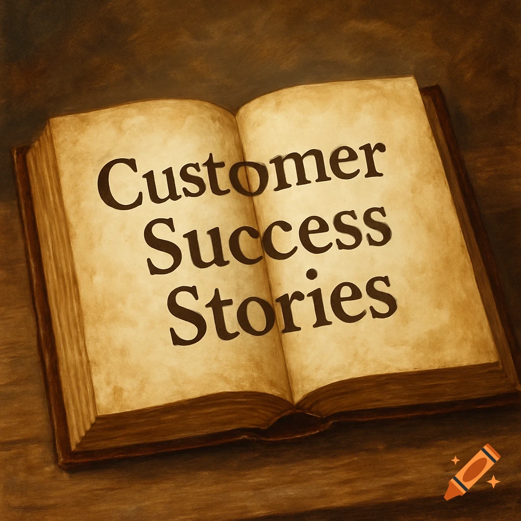 An open book titled "Customer Success Stories" on a table. on Craiyon