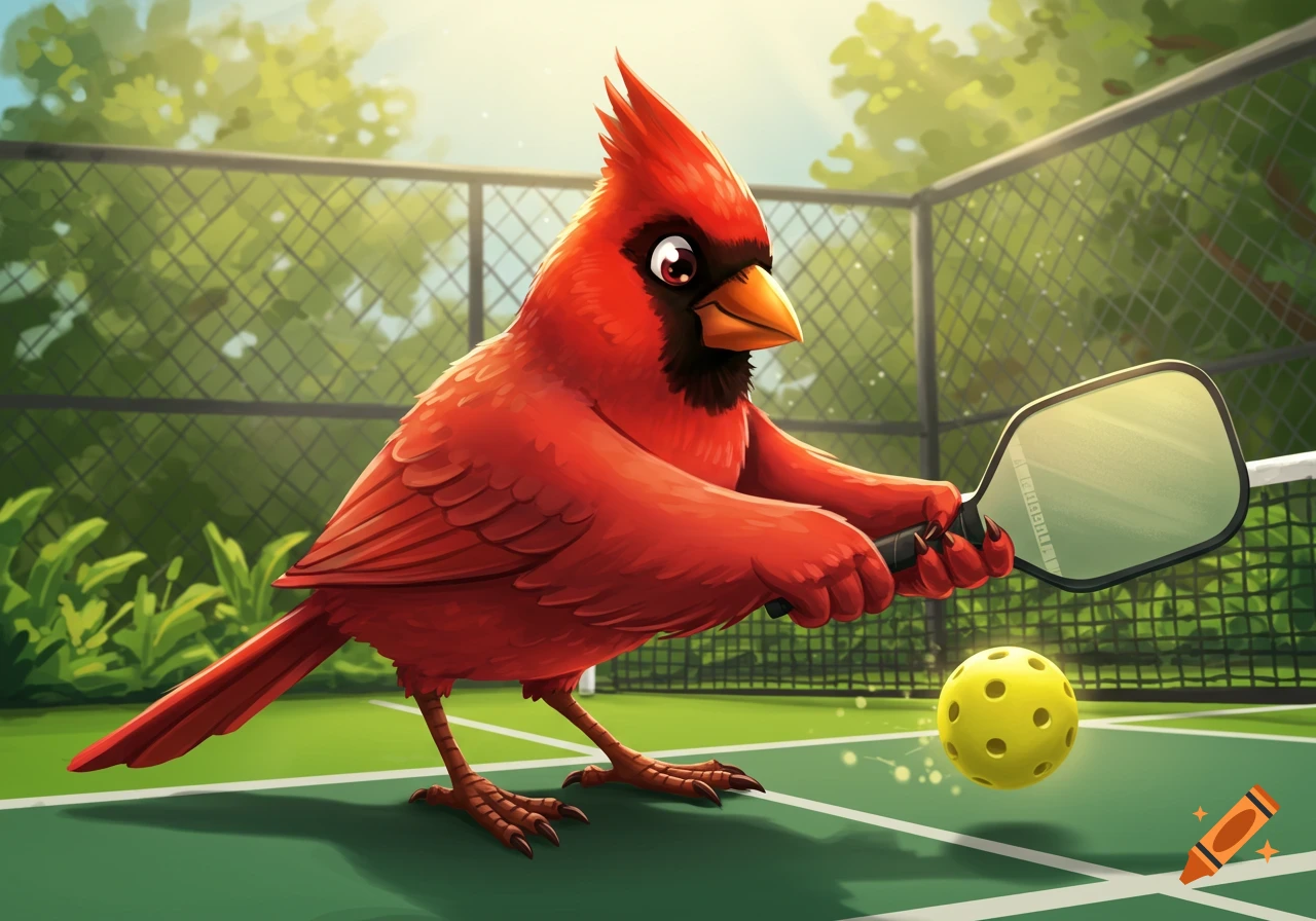 Cartoon illustration of a red cardinal bird playing pickleball on a ...