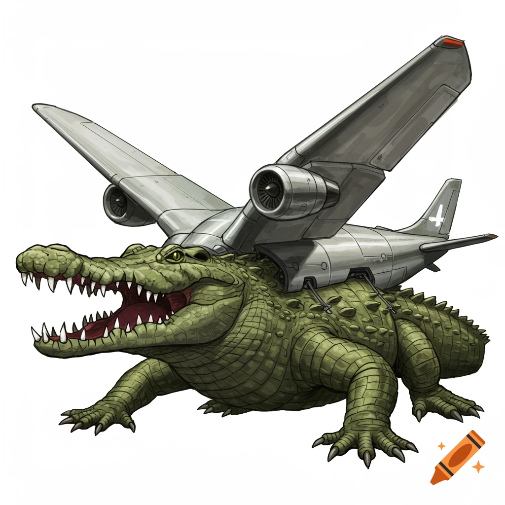 Cartoon illustration of a green crocodile with airplane wings and tail ...