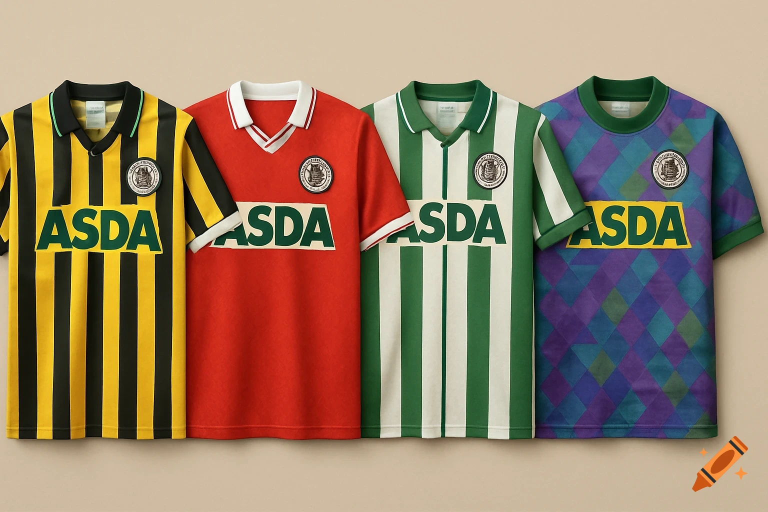 Four retro-style football shirts with 'ASDA' logo. on Craiyon