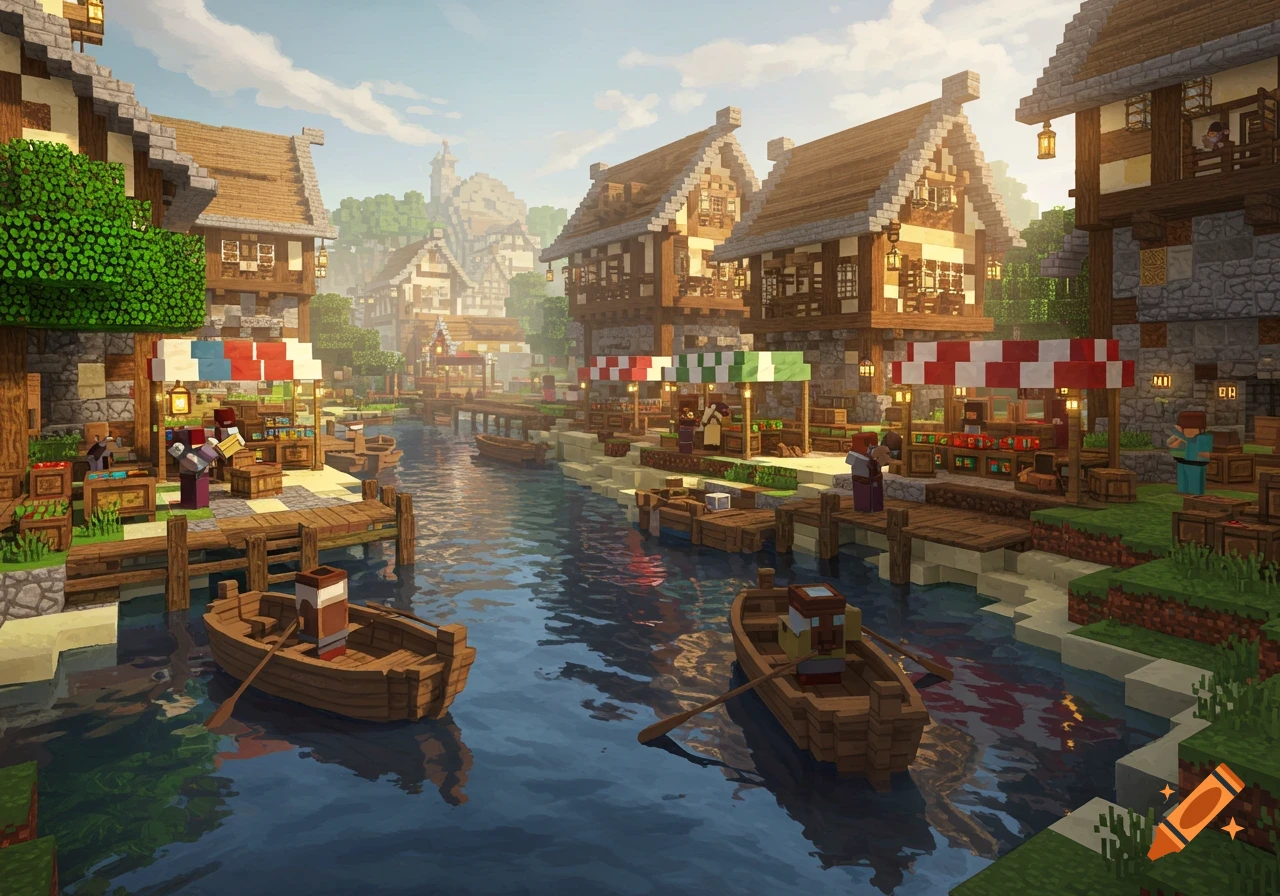 A realistic Minecraft-style medieval town with market stalls lining a ...