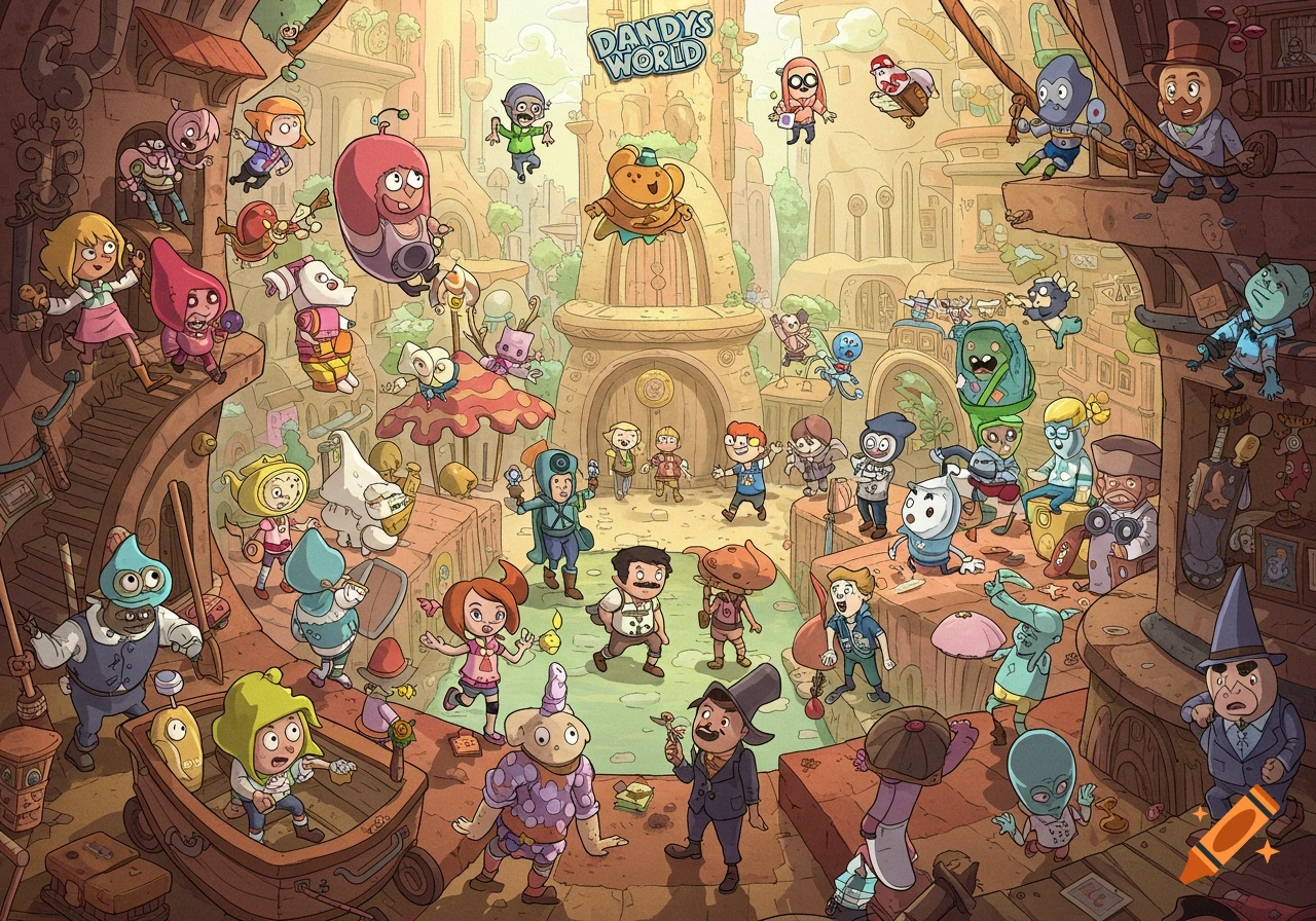 A detailed cartoon illustration of many characters in a bustling ...