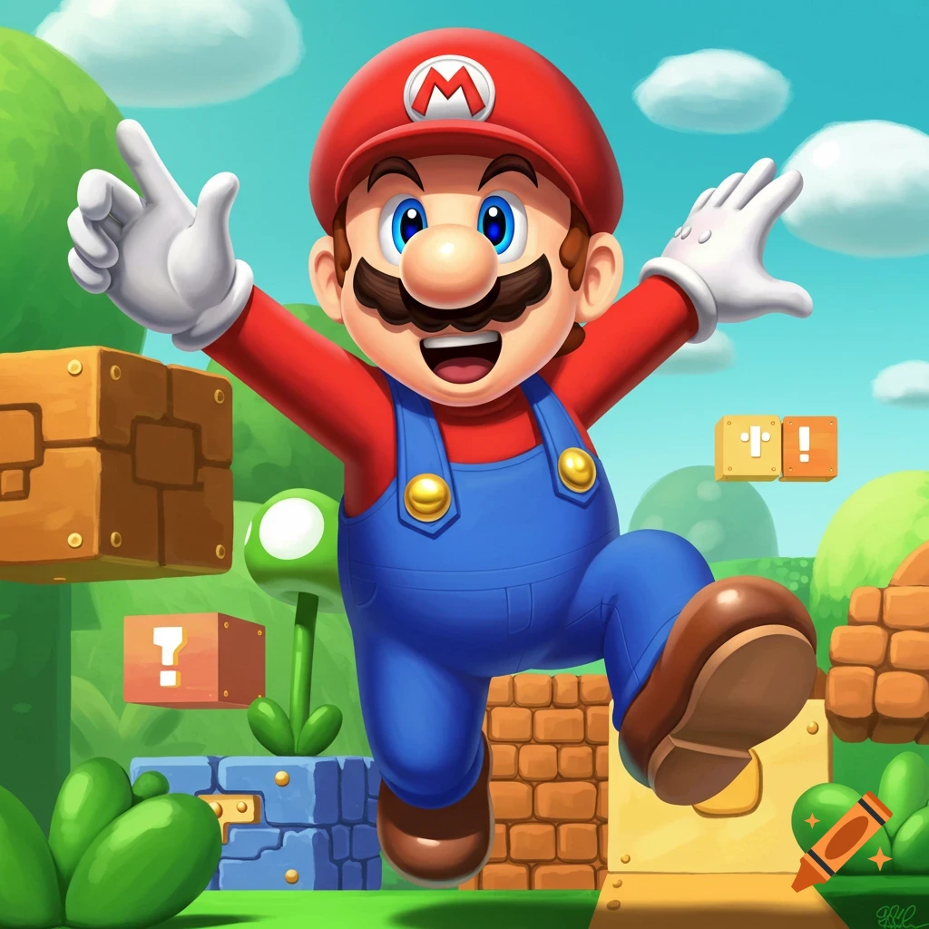 Super Mario jumps happily in a colorful game world. on Craiyon