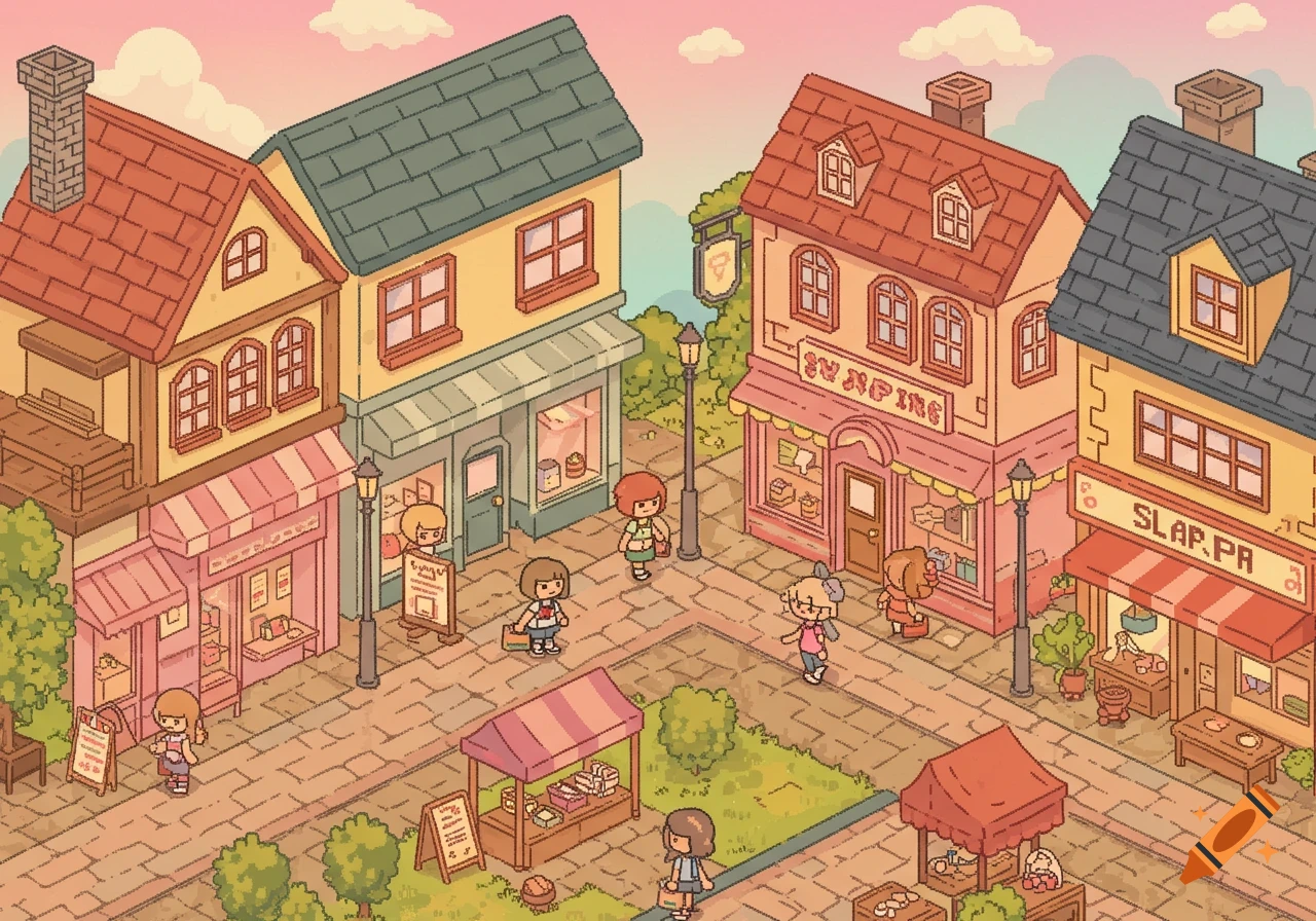 A pixelated, isometric view of a cute town square with shops and people ...