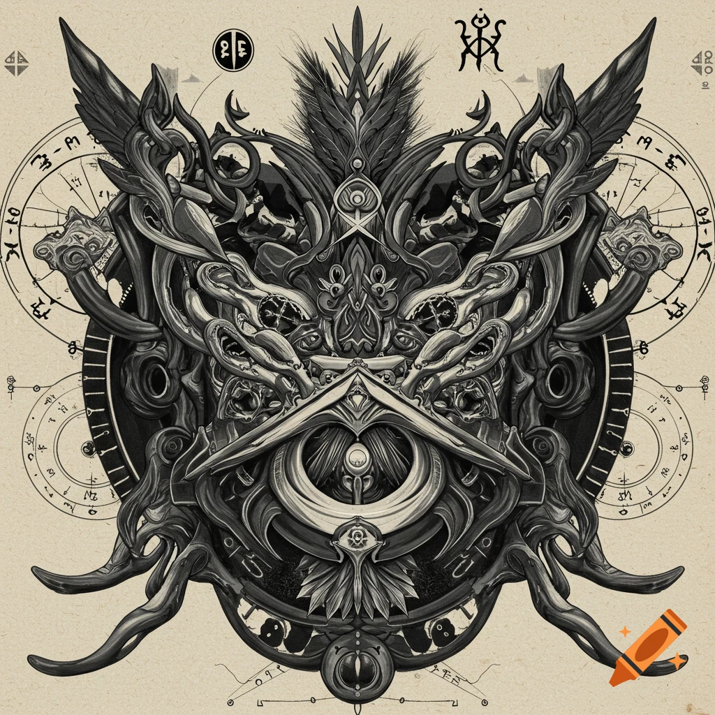 Bold black and grey intricate occult drawing with wings, an eye symbol ...