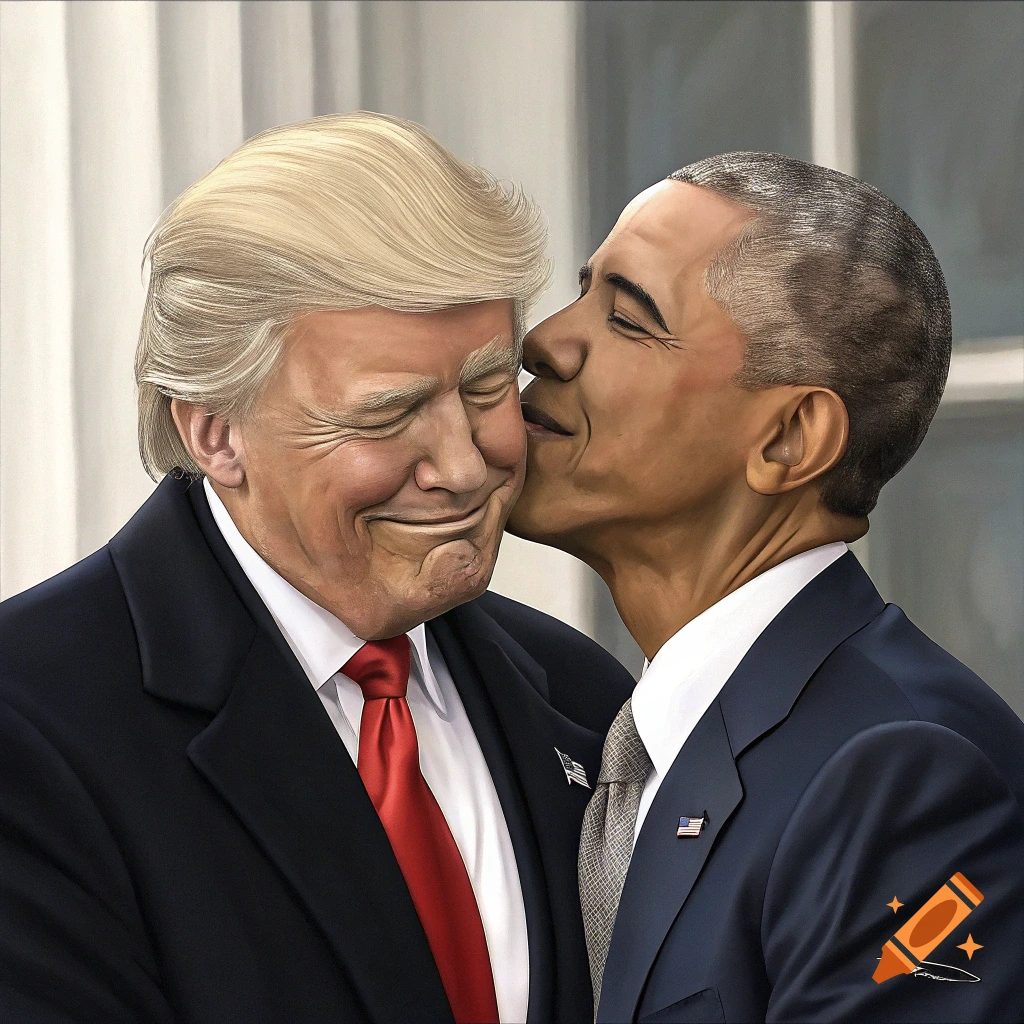 Detailed illustration of Barack Obama kissing Donald Trump on the cheek ...