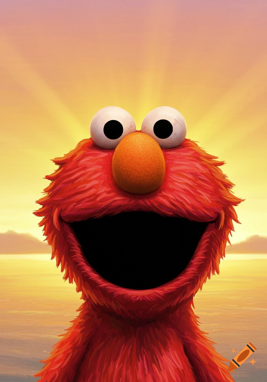 Close-up of Elmo smiling at a sunrise over the water. on Craiyon