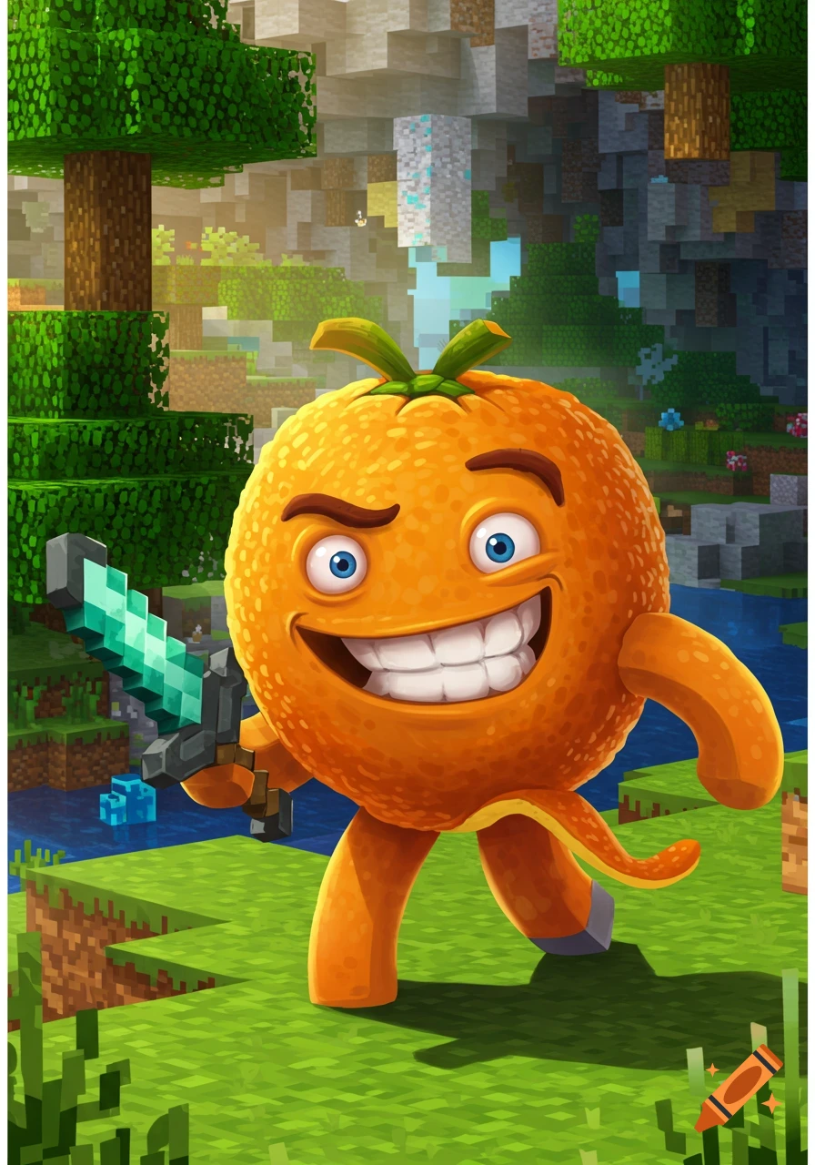 A cartoon orange character resembling Annoying Orange holds a pixelated sword in a Minecraft ...