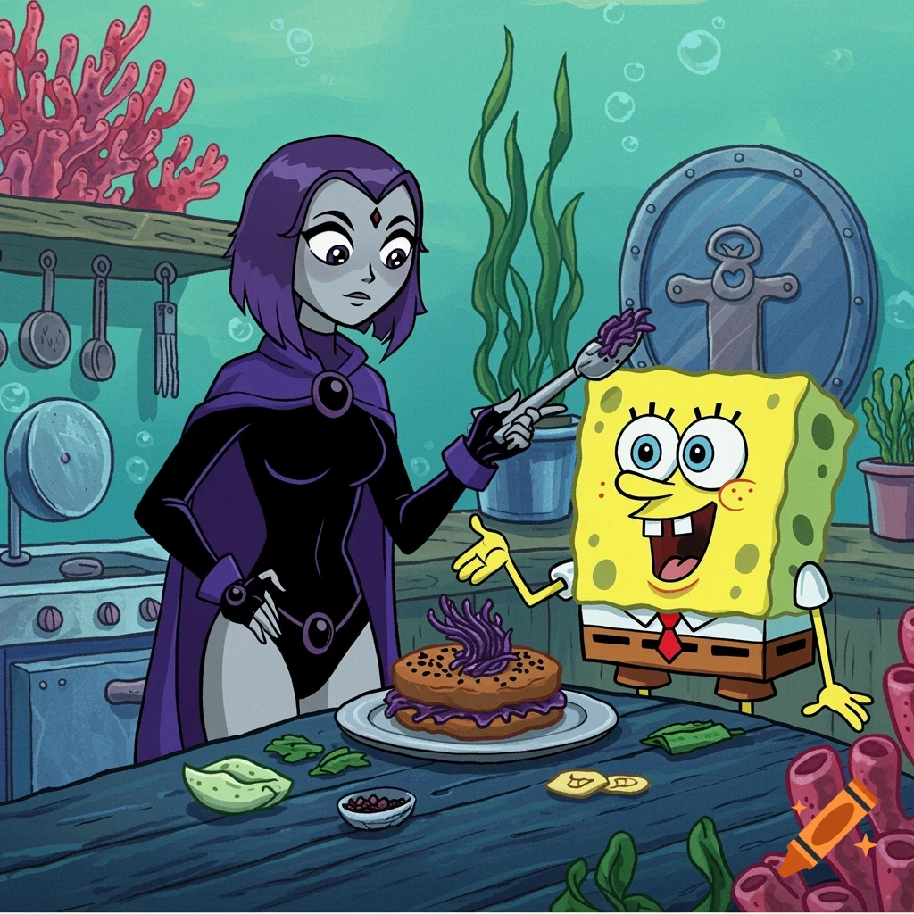 Raven shows Spongebob a purple-topped burger in his kitchen under the ...