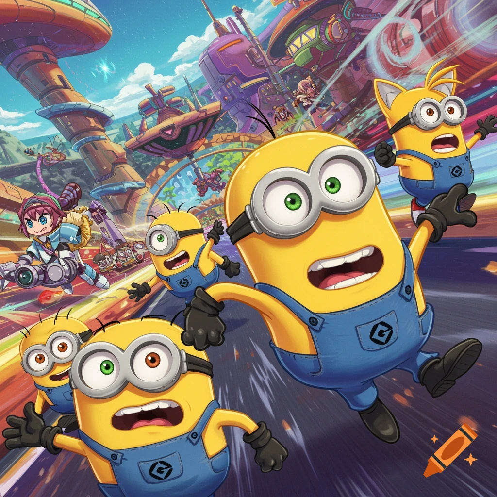 Minions and anime characters racing in a futuristic fantasy world. on ...
