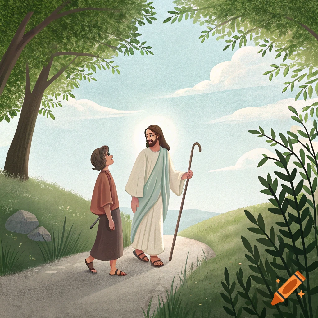 A stylized illustration of Jesus walking with a person on a sunny path ...