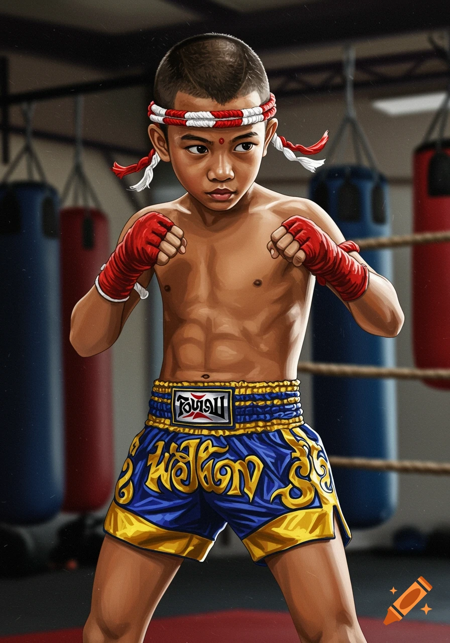 A young boy in Muay Thai gear stands in a boxing ring. on Craiyon
