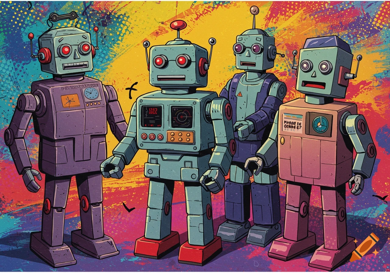 Four colorful, stylized vintage robots stand together against a vibrant ...