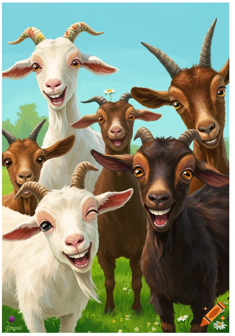 Close-up illustration of several smiling goats in a field. on Craiyon