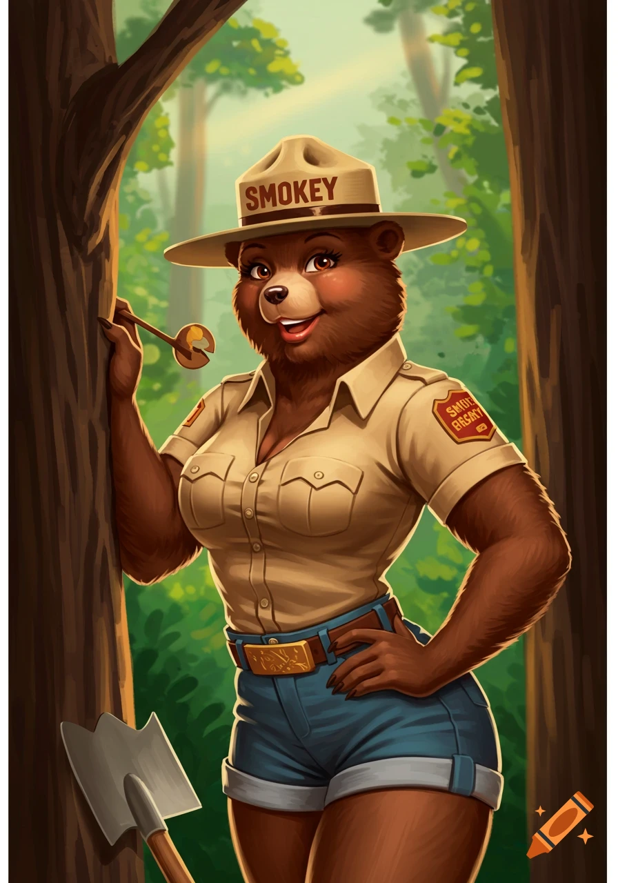 Pin-up style illustration of female anthropomorphic bear park ranger in ...
