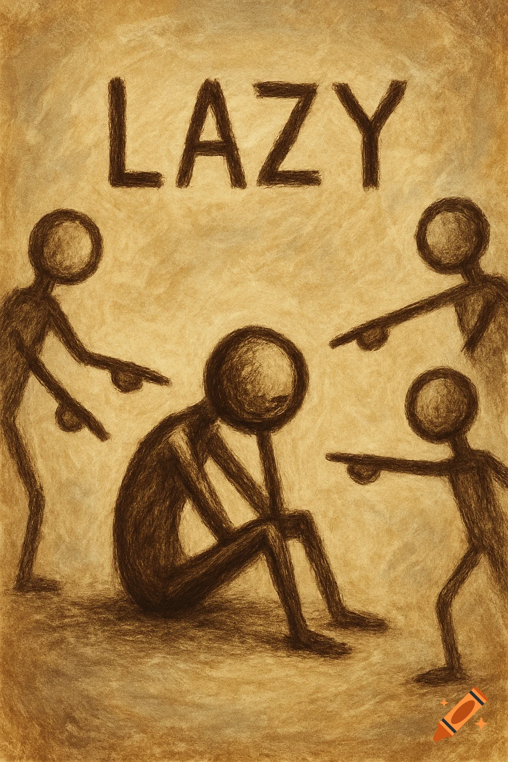 Drawing of a stick figure seated while others point, with the word LAZY ...