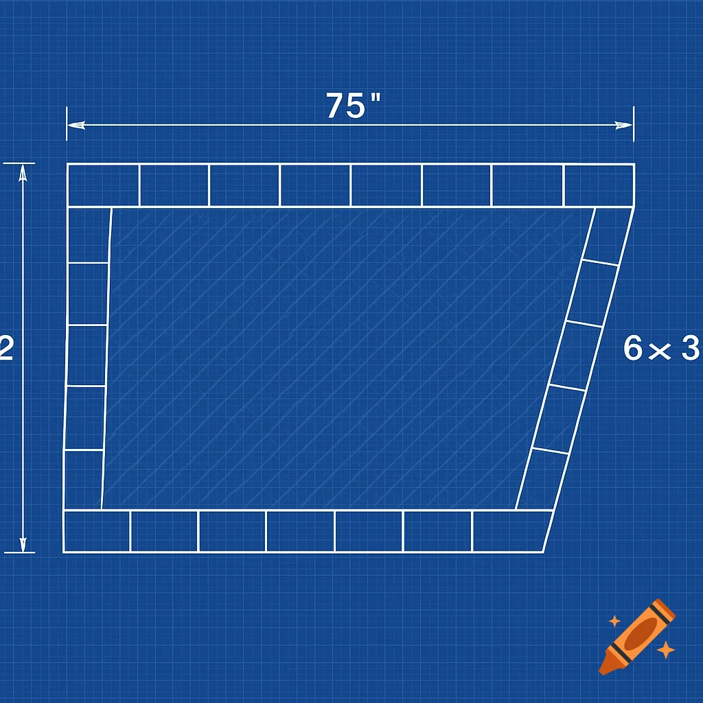 Blueprint diagram of a shape with dimensions 75 by 52 inches and 6x3 ...