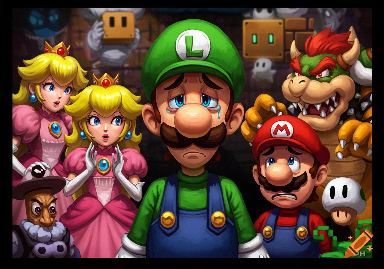 Super Mario characters, including a sad Luigi, scared Mario and Peach ...