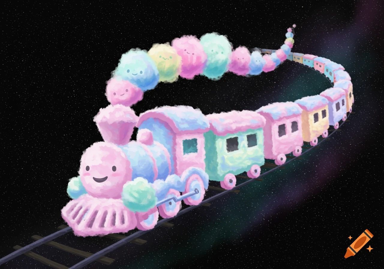 A cute pastel cloud train with smiling faces rides on a track through ...