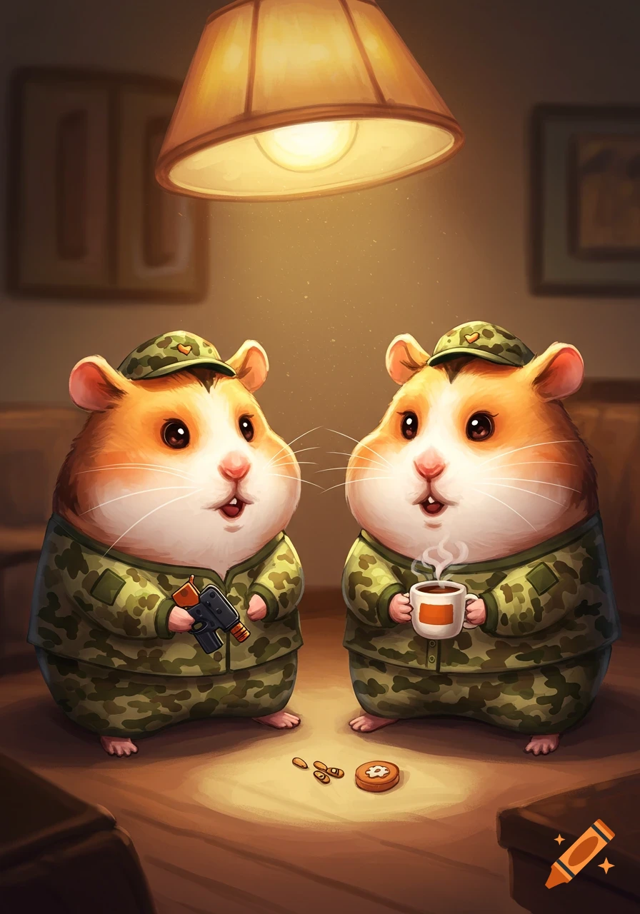 Two hamsters in camo pajamas, one with a toy gun, one with a coffee cup ...