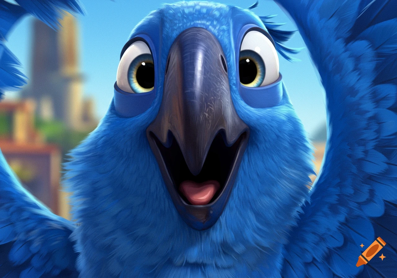 Close-up of a smiling blue cartoon parrot, wings raised on Craiyon