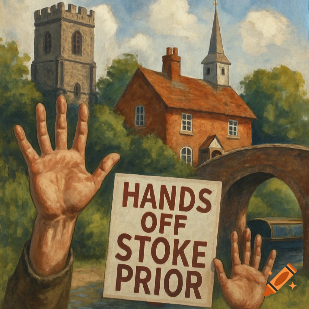 A painting shows hands holding a sign 'HANDS OFF STOKE PRIOR' in front ...