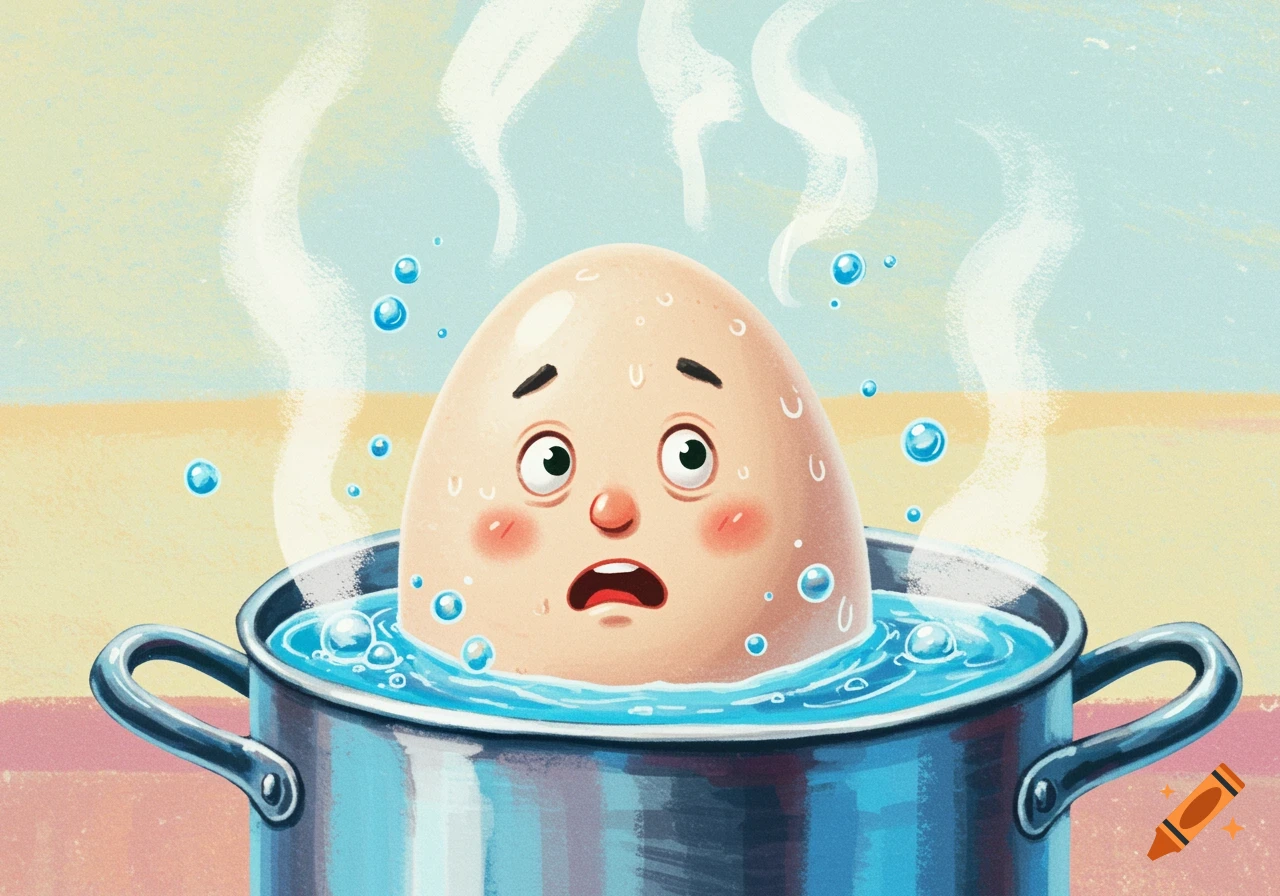 Cartoon illustration of a distressed egg character boiling in a pot of ...