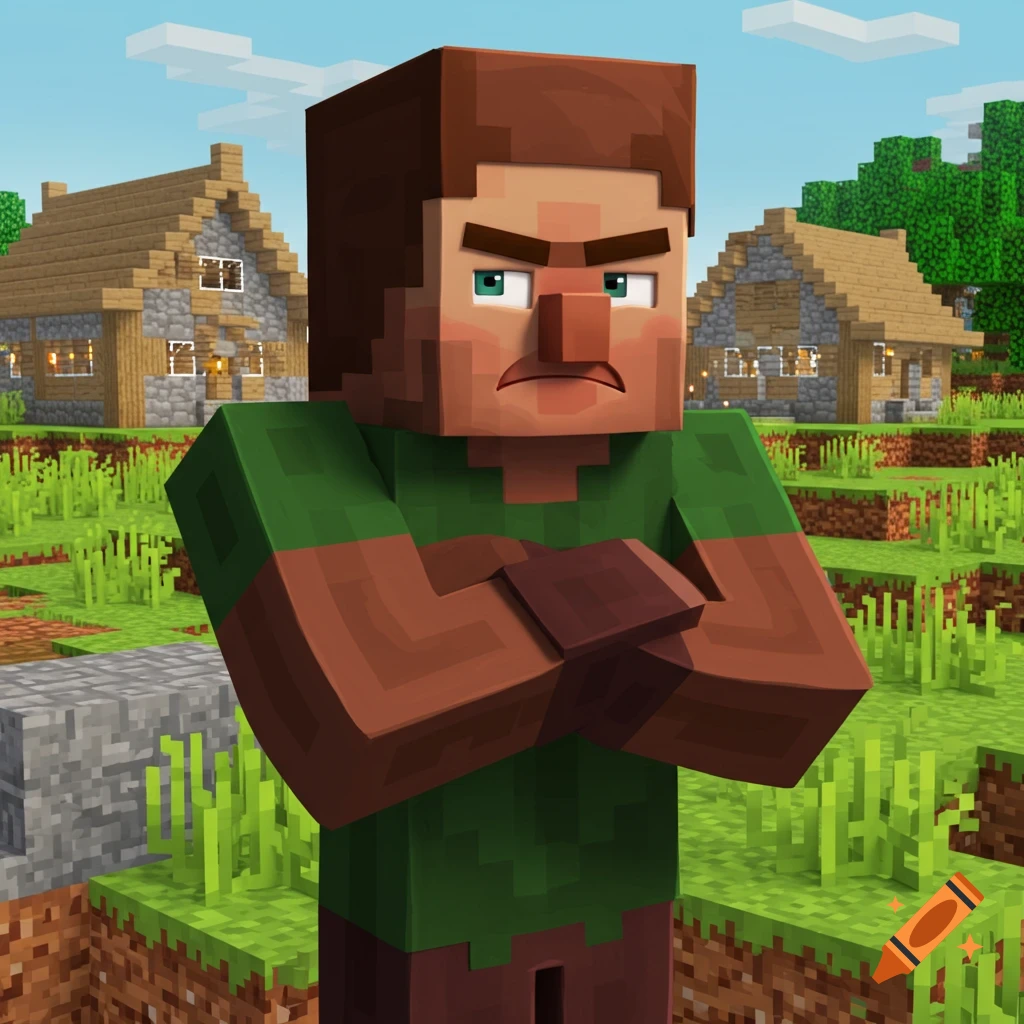Annoyed Minecraft villager with arms crossed in a village. on Craiyon