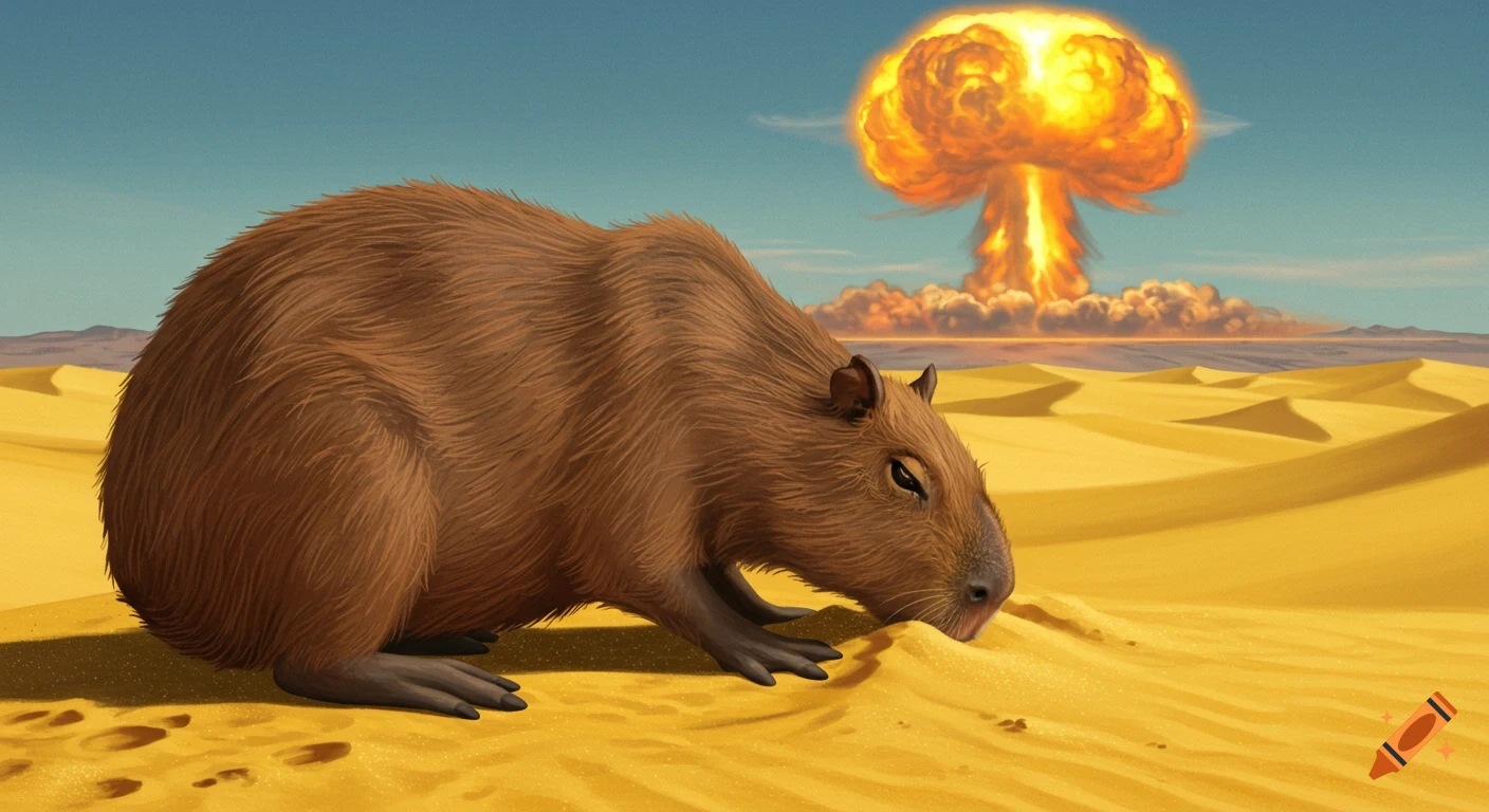 A capybara buries its head in the sand of a desert as a nuclear ...