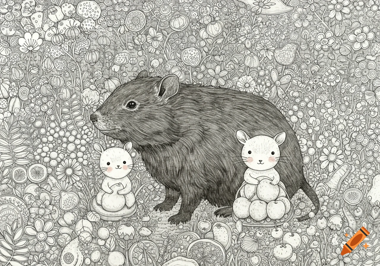 Detailed line art drawing of a large rodent and two small cute mice ...