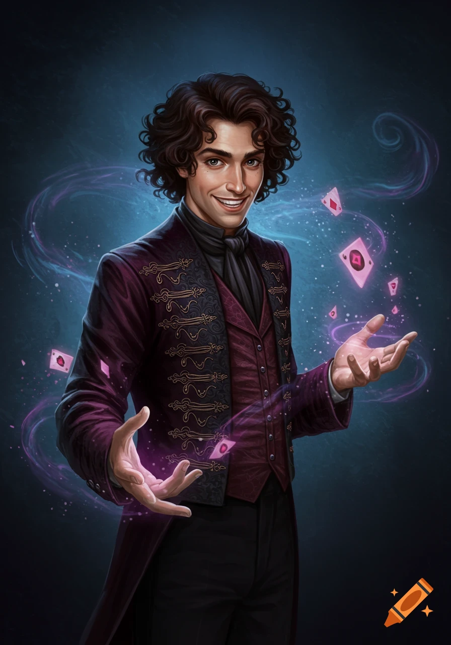 A male magician in a purple jacket performs a card trick with glowing ...