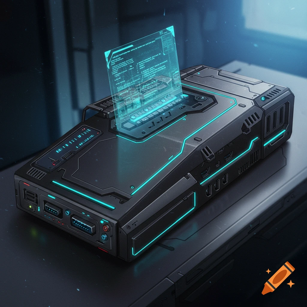 A futuristic cyberdeck device with a holographic screen displaying data ...