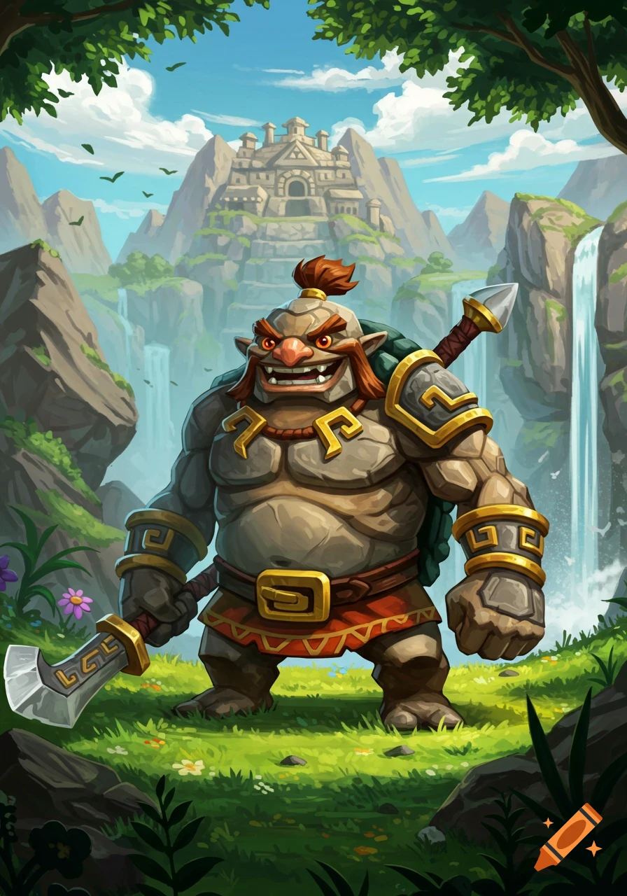 A muscular fantasy creature with stone skin and armor stands in a ...