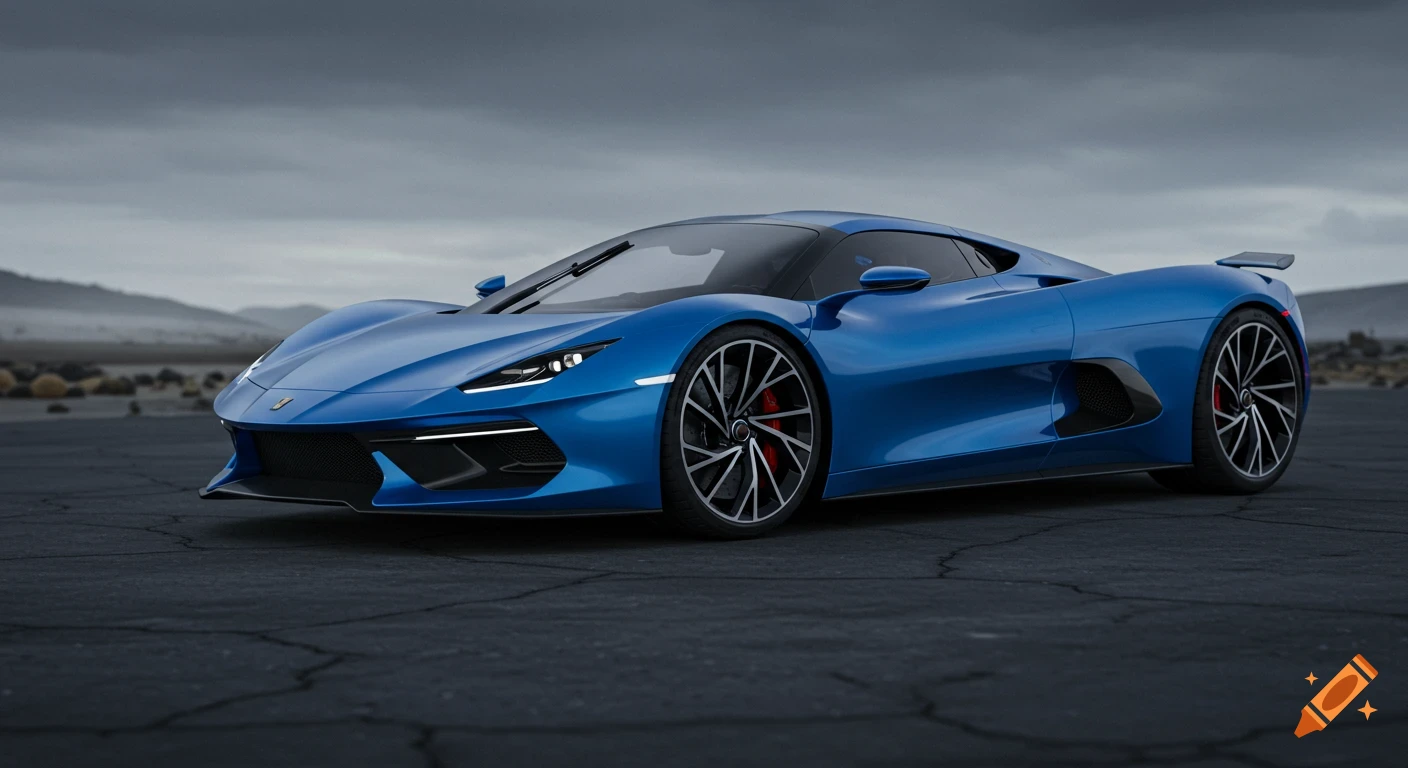 A blue super aerodynamic hypercar parked on asphalt under a cloudy sky ...