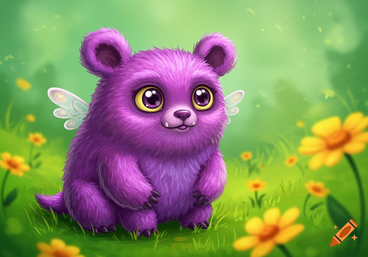 A small, fluffy purple creature with large eyes and fairy wings sits in ...