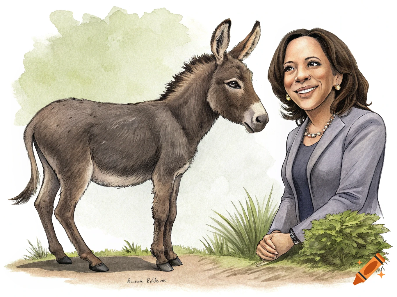 Watercolor illustration of Kamala Harris kneeling next to a donkey. on ...