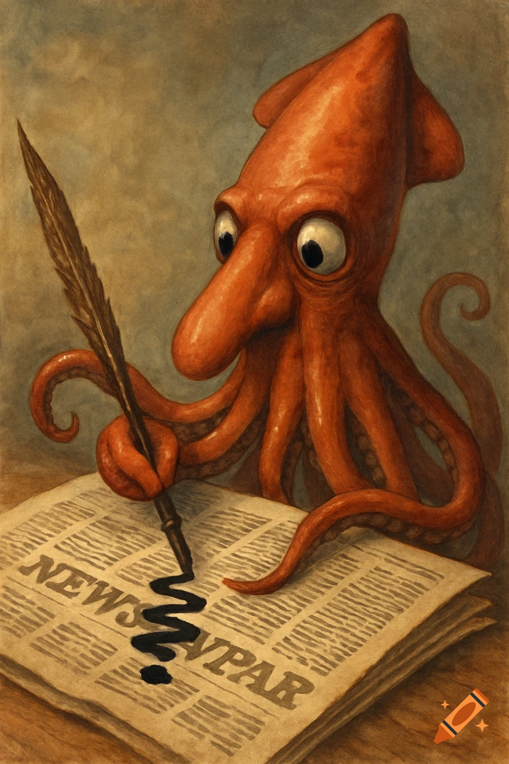 Cartoon squid with a big nose writing on a newspaper with a quill pen ...
