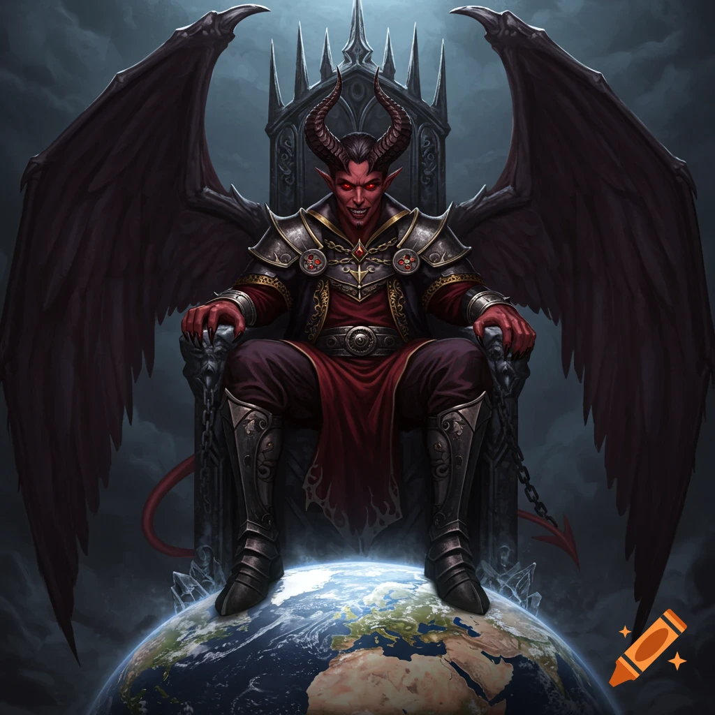 A winged demon king with red skin and horns sits on a dark throne atop ...