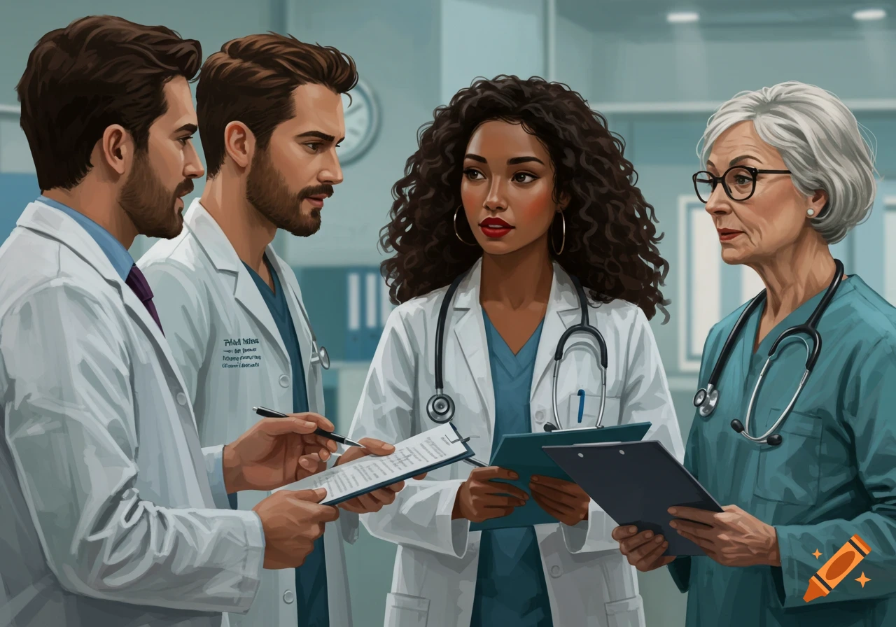 Four doctors, two men and two women, look at clipboards in a medical ...
